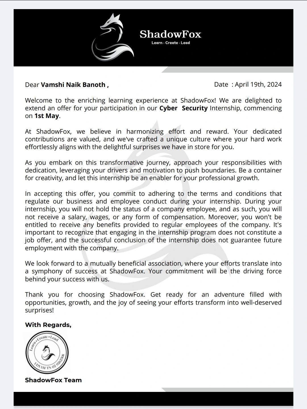 Vamshi Naik Banoth on LinkedIn: Dear Intern, We are delighted to ... Vamshi Naik Banoth on LinkedIn: Dear Intern, We are delighted to ...
