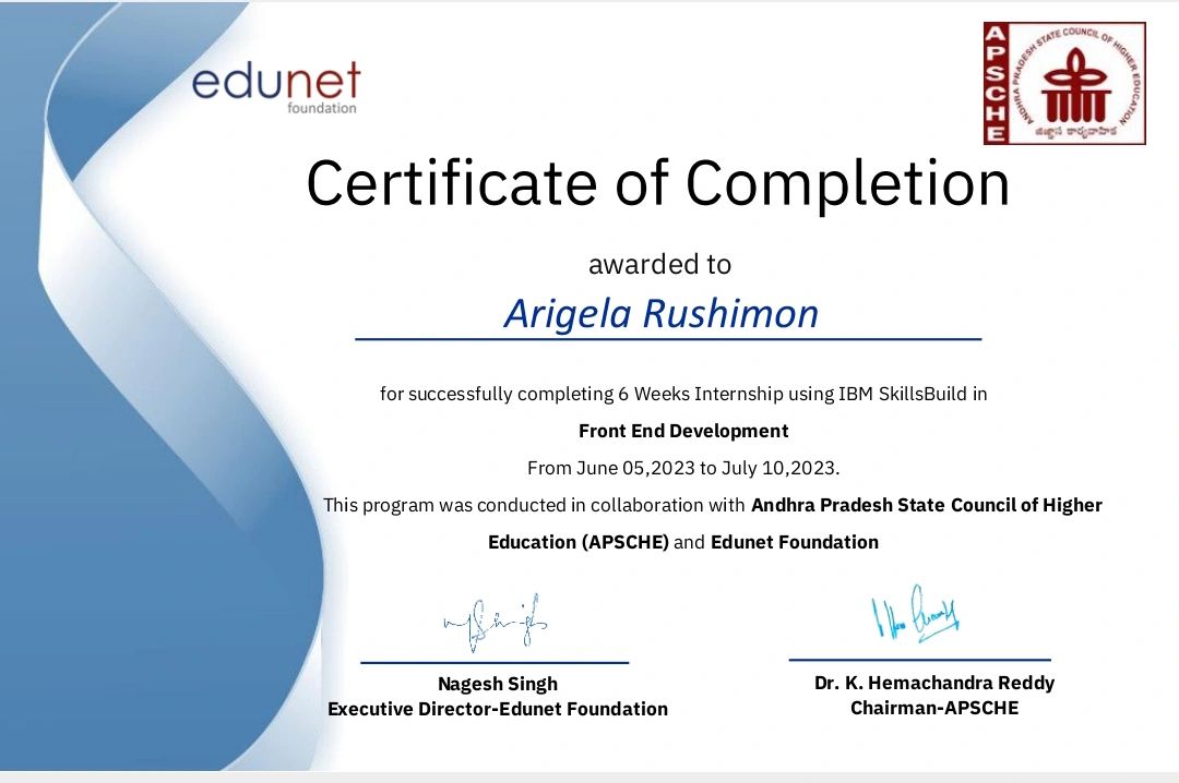 Arigela Rushimon on LinkedIn: #ibmskillsbuild #apsche #internship Arigela Rushimon on LinkedIn: #ibmskillsbuild #apsche #internship