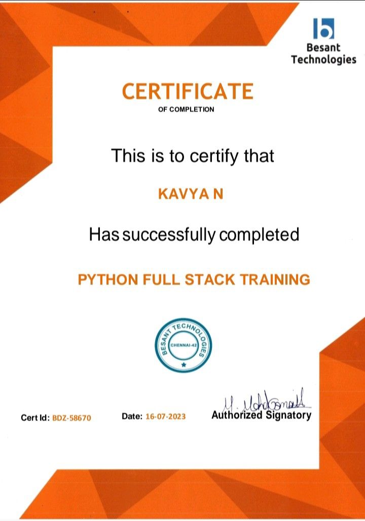 Kavya N on LinkedIn: Completed Python Full Stack Developer Course in ... Kavya N on LinkedIn: Completed Python Full Stack Developer Course in ...