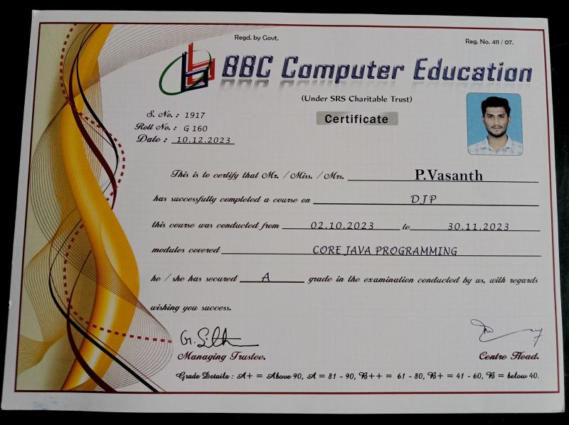 Mr. Vasanth on LinkedIn: COMPLETION CERTIFICATE FOR JAVA PROGRAMMING Mr. Vasanth on LinkedIn: COMPLETION CERTIFICATE FOR JAVA PROGRAMMING