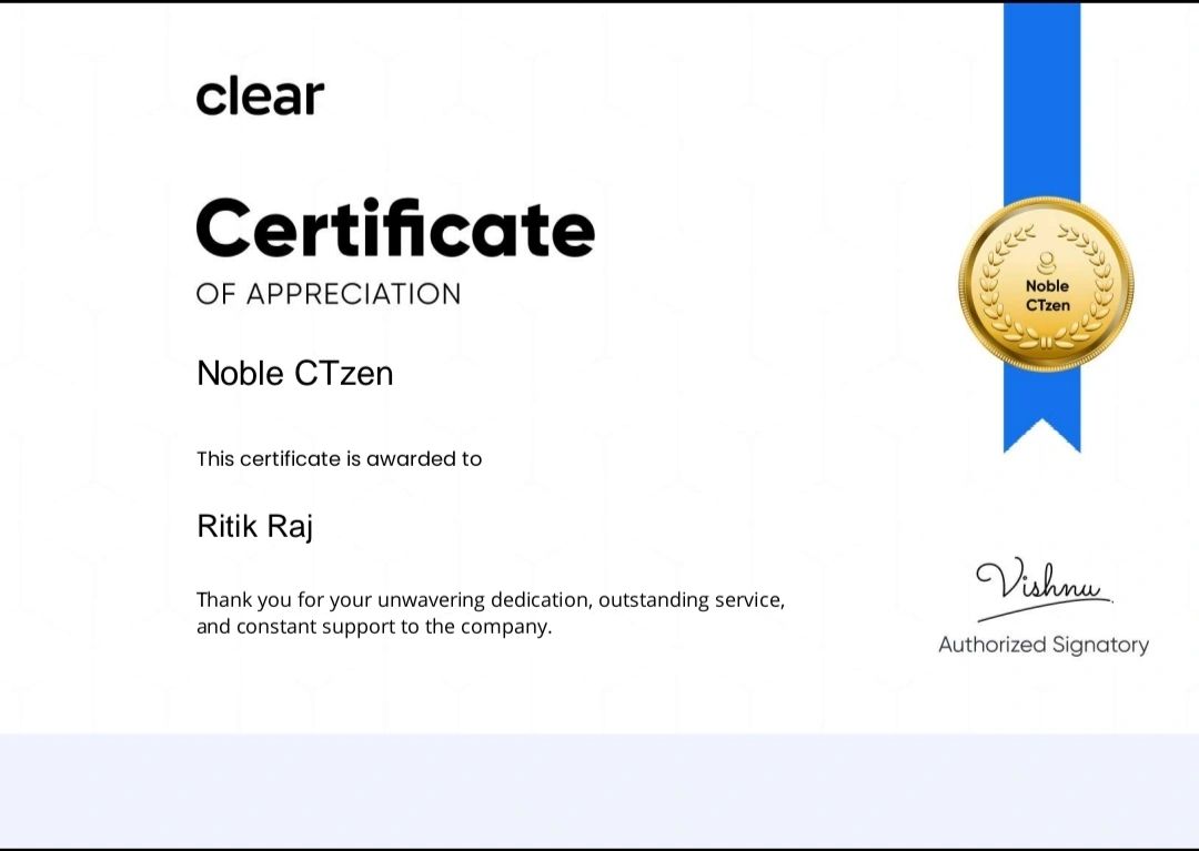 Ritik Raj on LinkedIn: #nobelctzenaward #gratitude #teamwork #cleartax Ritik Raj on LinkedIn: #nobelctzenaward #gratitude #teamwork #cleartax
