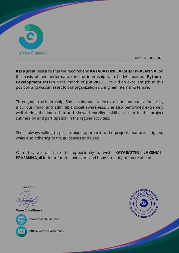 Prasanna Katabattini on LinkedIn: #internship #codeclause #python Prasanna Katabattini on LinkedIn: #internship #codeclause #python