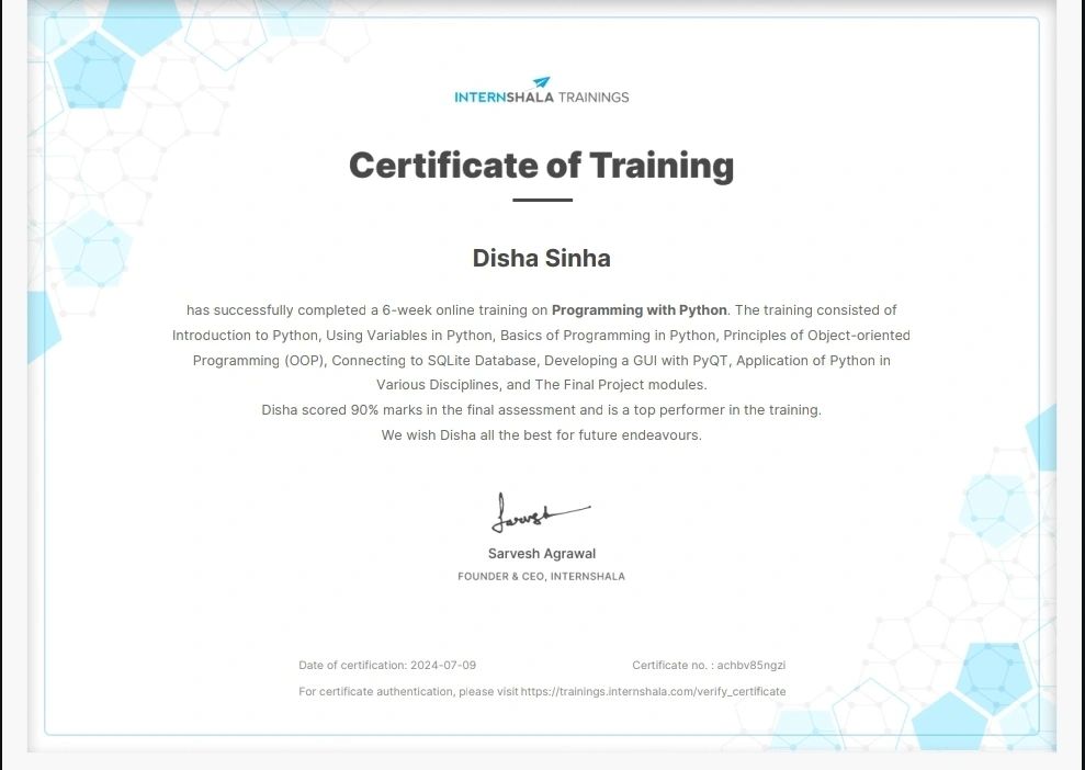 Disha Sinha on LinkedIn: #internship #internship #python #programming Disha Sinha on LinkedIn: #internship #internship #python #programming