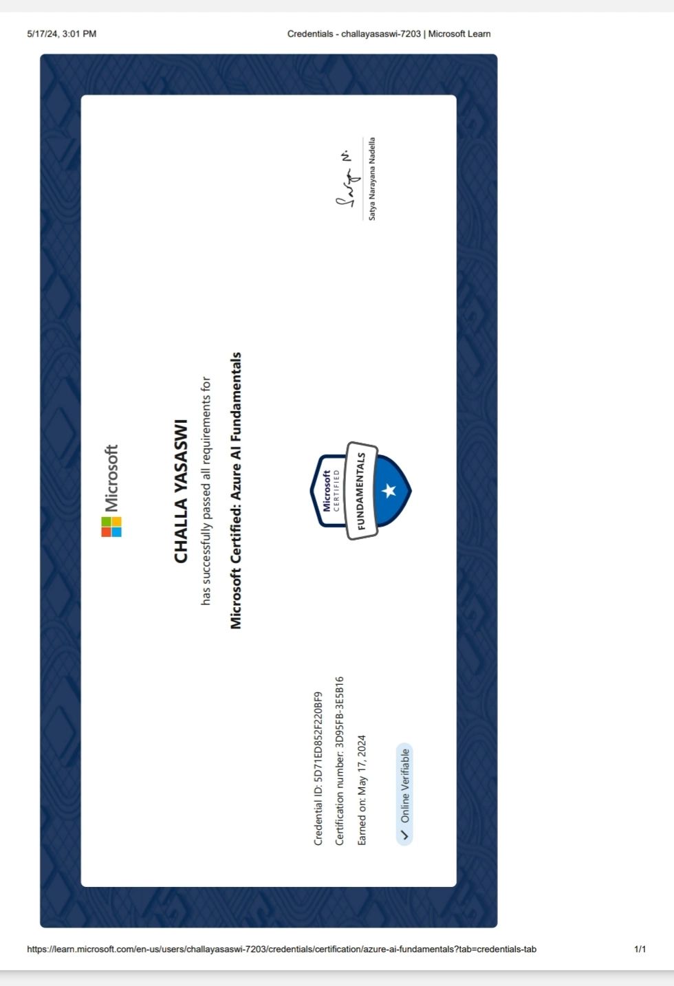 Challa Yasaswi on LinkedIn: Global certification:Azure ai-900 Challa Yasaswi on LinkedIn: Global certification:Azure ai-900