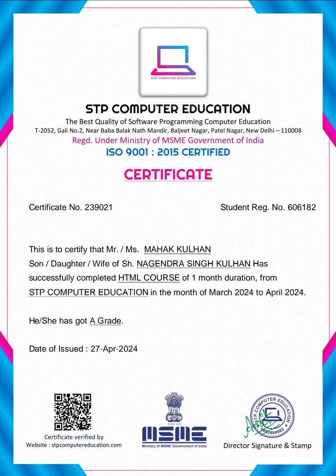 Mahak kulhan on LinkedIn: #html #certificate Mahak kulhan on LinkedIn: #html #certificate