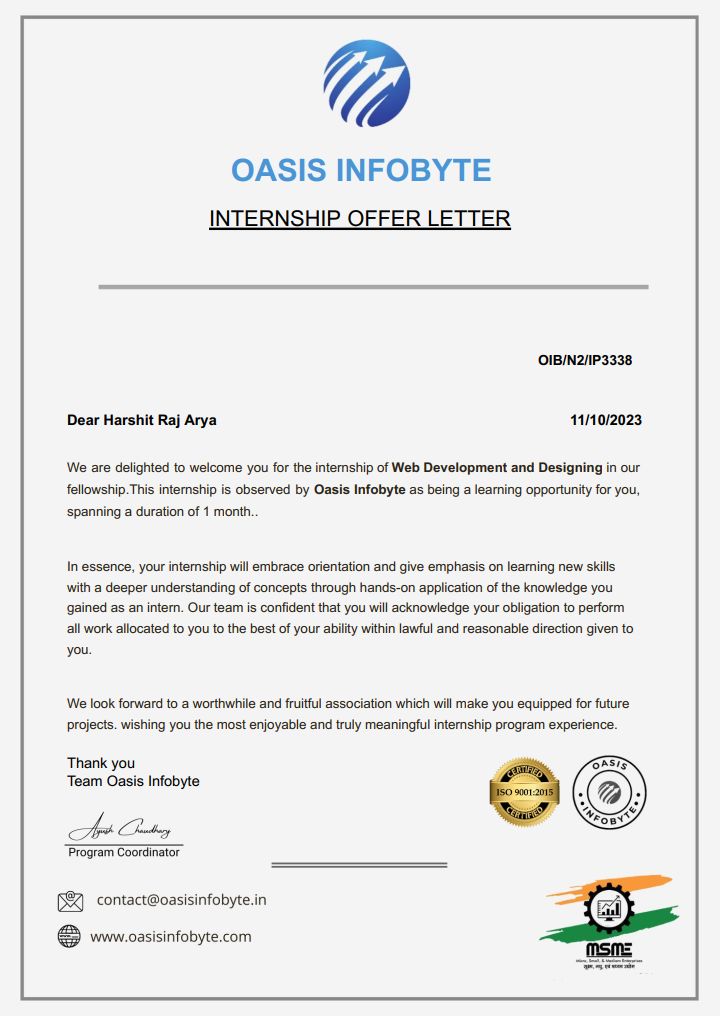 Harshit Raj Arya on LinkedIn: #oasisinfobyte #intern #webdevelopment # ... Harshit Raj Arya on LinkedIn: #oasisinfobyte #intern #webdevelopment # ...