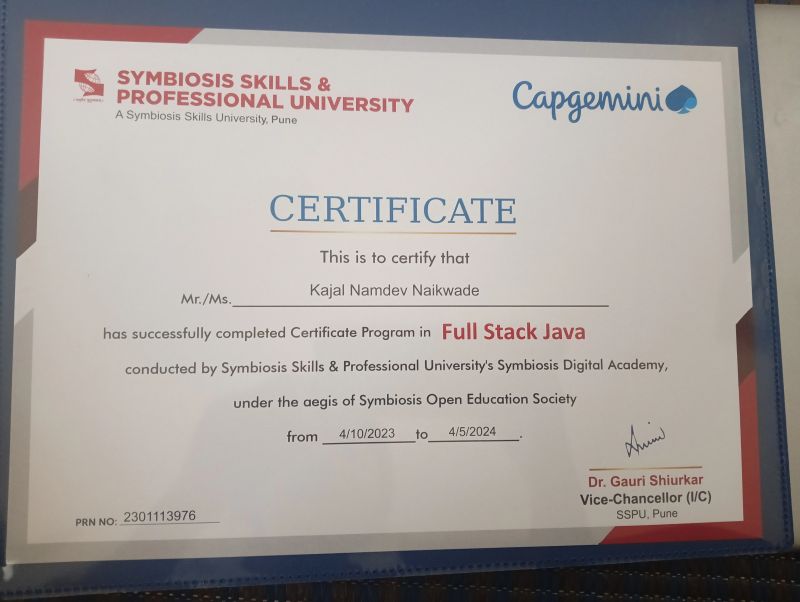 Ms.Kajal Naikwade on LinkedIn: Certificate Course In Full Stack Java ... Ms.Kajal Naikwade on LinkedIn: Certificate Course In Full Stack Java ...