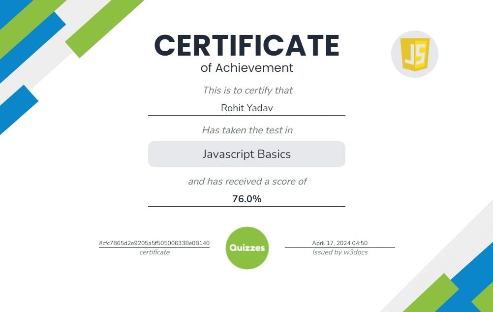 Rohit Yadav on LinkedIn: #javascript #certification #w3docs #codingjourney Rohit Yadav on LinkedIn: #javascript #certification #w3docs #codingjourney