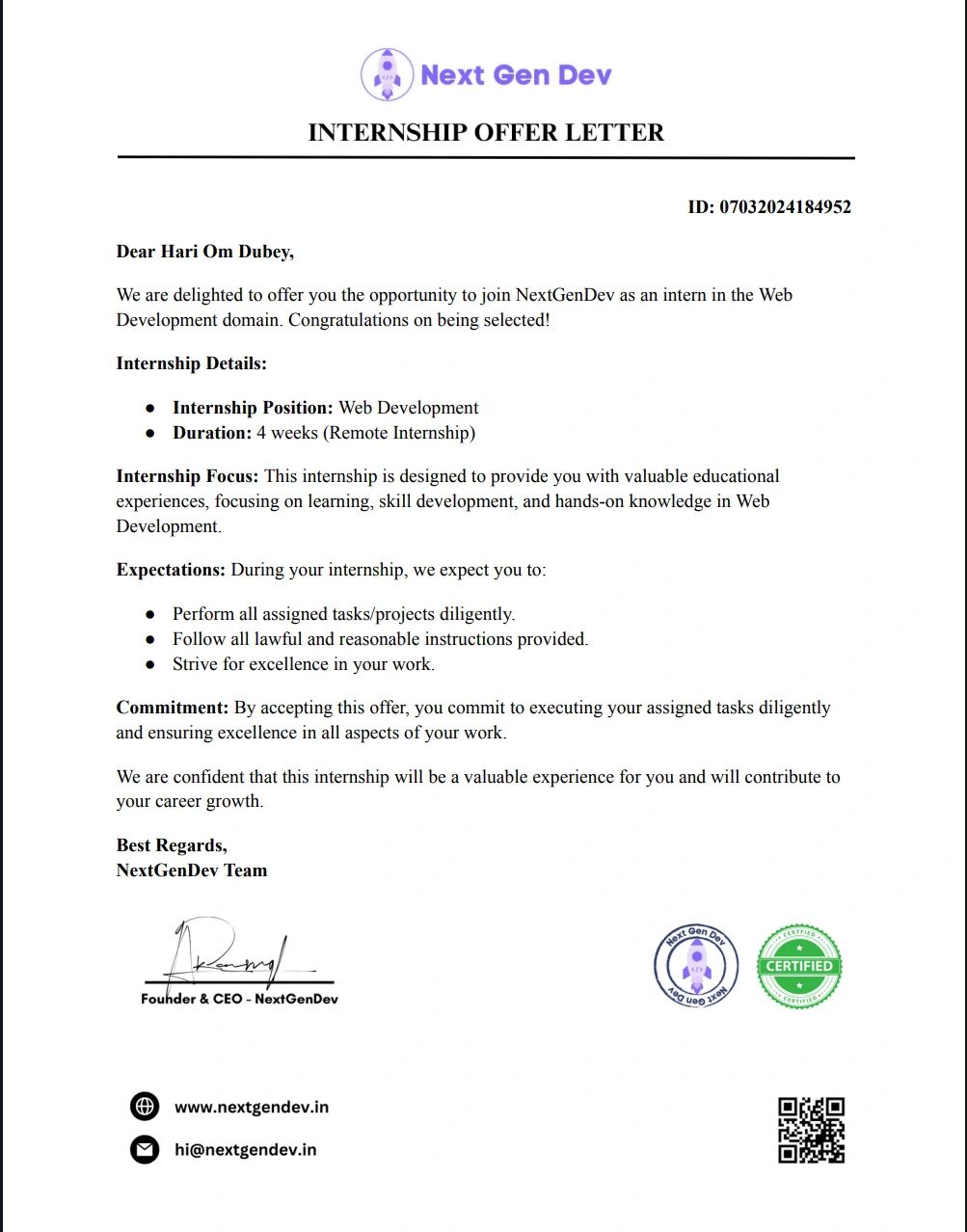 Hari Om Dubey on LinkedIn: #internship #offer #nextgendev Hari Om Dubey on LinkedIn: #internship #offer #nextgendev