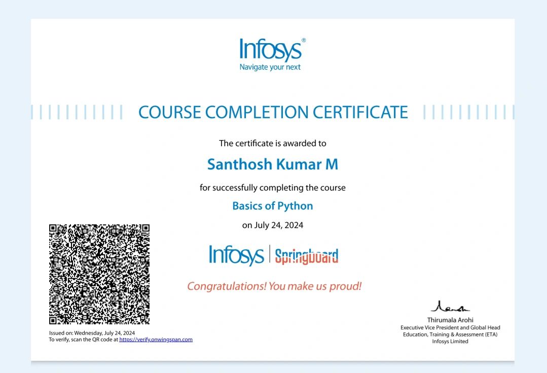 Santhosh Kumar M on LinkedIn: #infosys #springboard #python Santhosh Kumar M on LinkedIn: #infosys #springboard #python