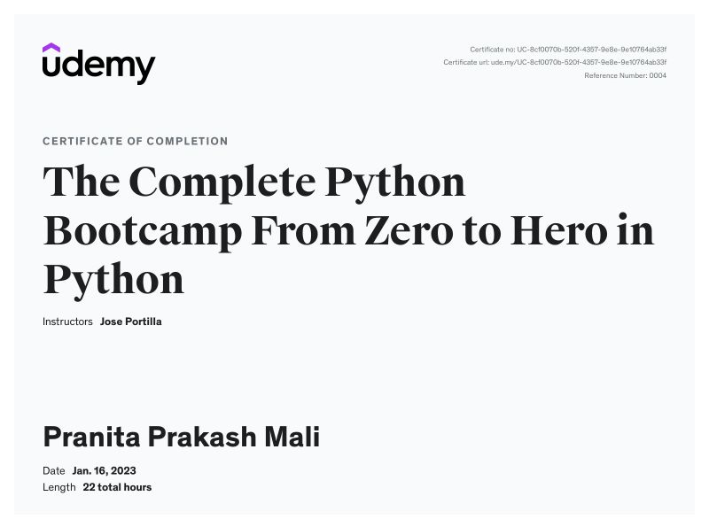 Pranita Mali on LinkedIn: #python #programming #udemy #certificate # ... Pranita Mali on LinkedIn: #python #programming #udemy #certificate # ...