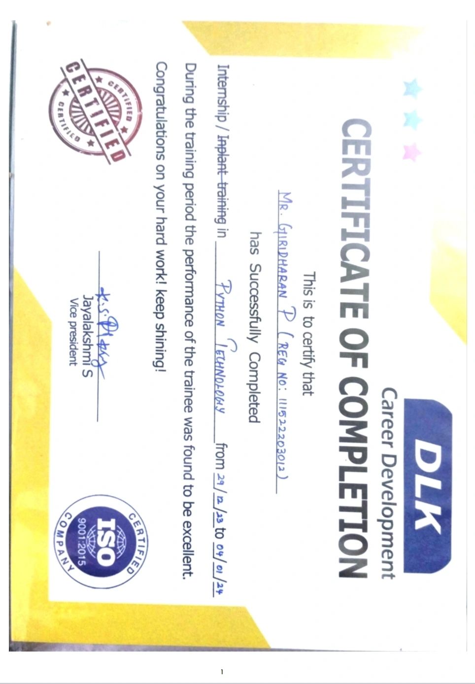 GIRIDHARAN P on LinkedIn: Internship from DLK GIRIDHARAN P on LinkedIn: Internship from DLK