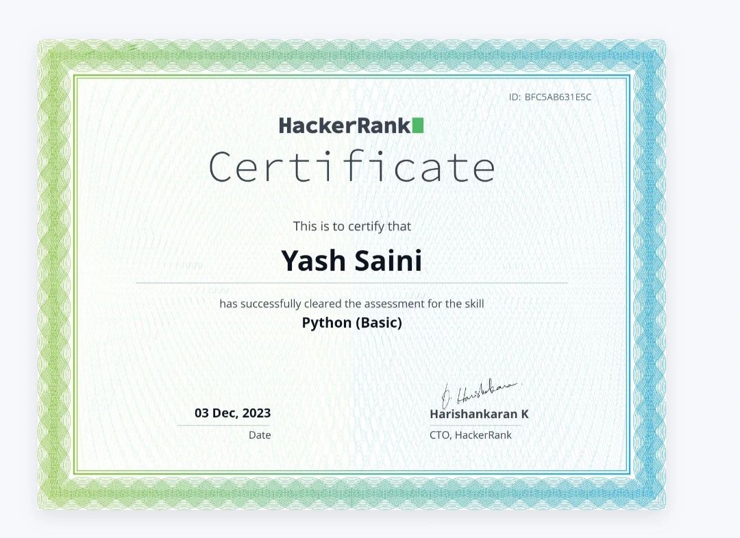 Yash Saini on LinkedIn: #python #developer #continuouslearning #hackerrank Yash Saini on LinkedIn: #python #developer #continuouslearning #hackerrank