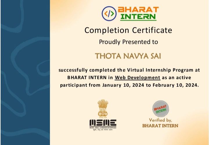 Thota Navya Sai on LinkedIn: #bharatintern #webdevelopment #internship ... Thota Navya Sai on LinkedIn: #bharatintern #webdevelopment #internship ...