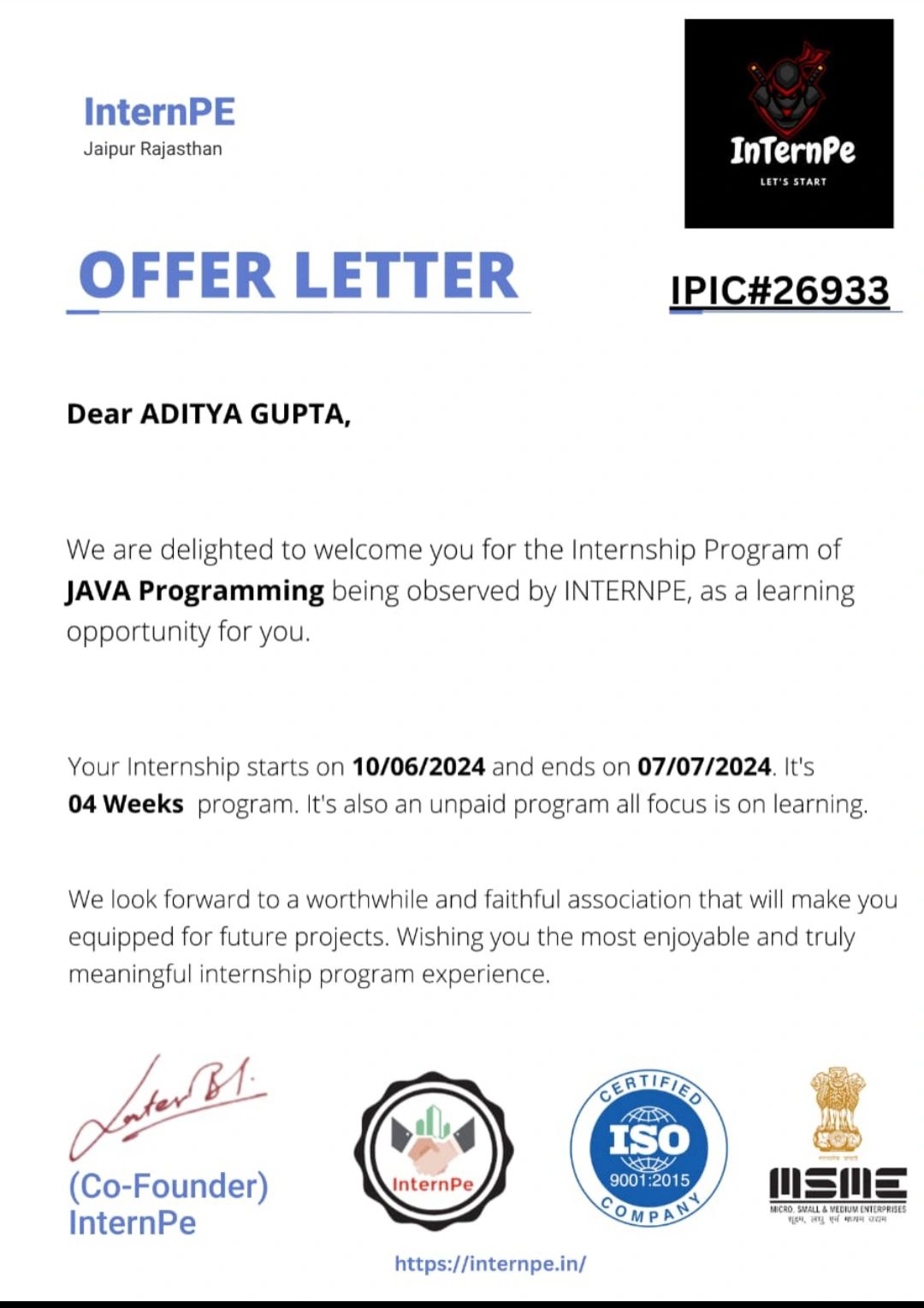 Aditya Gupta on LinkedIn: I am thrilled to share that I have received a ... Aditya Gupta on LinkedIn: I am thrilled to share that I have received a ...