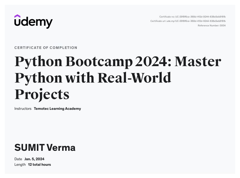 Finished Python Bootcamp 2024 with real-world projects | Sumit Verma ... Finished Python Bootcamp 2024 with real-world projects | Sumit Verma ...