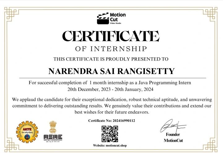 Narendra Sai on LinkedIn: #javadeveloper #motioncutinternship Narendra Sai on LinkedIn: #javadeveloper #motioncutinternship