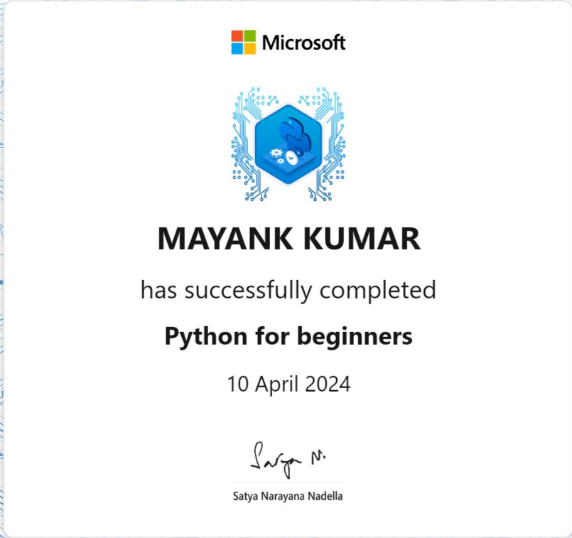 Mayank Kumar on LinkedIn: #python #microsoftcertification #programming ... Mayank Kumar on LinkedIn: #python #microsoftcertification #programming ...
