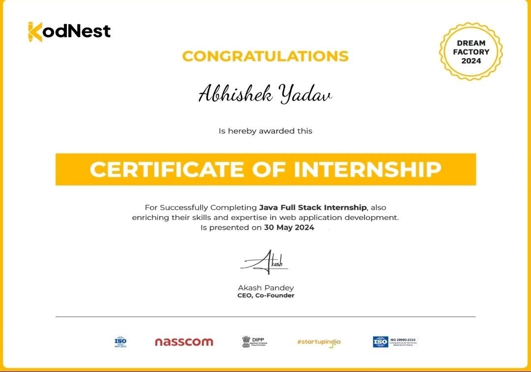 Abhishek yadav on LinkedIn: #kodnest #javadeveloper #internship # ... Abhishek yadav on LinkedIn: #kodnest #javadeveloper #internship # ...
