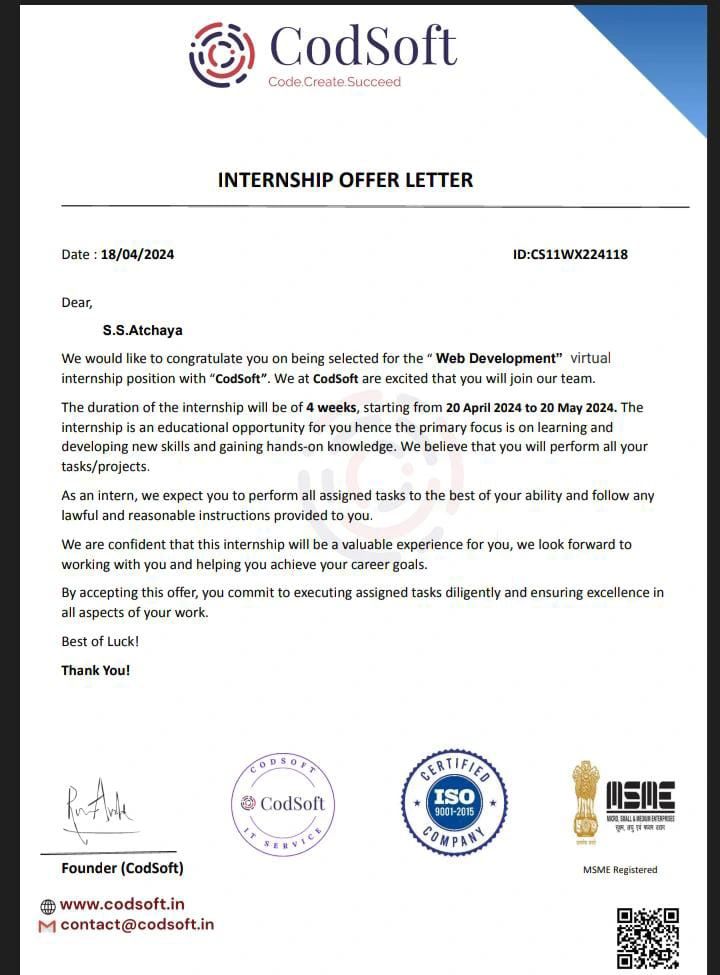 Atchaya Atchaya.S.S on LinkedIn: #grateful #codsoft #internship # ... Atchaya Atchaya.S.S on LinkedIn: #grateful #codsoft #internship # ...