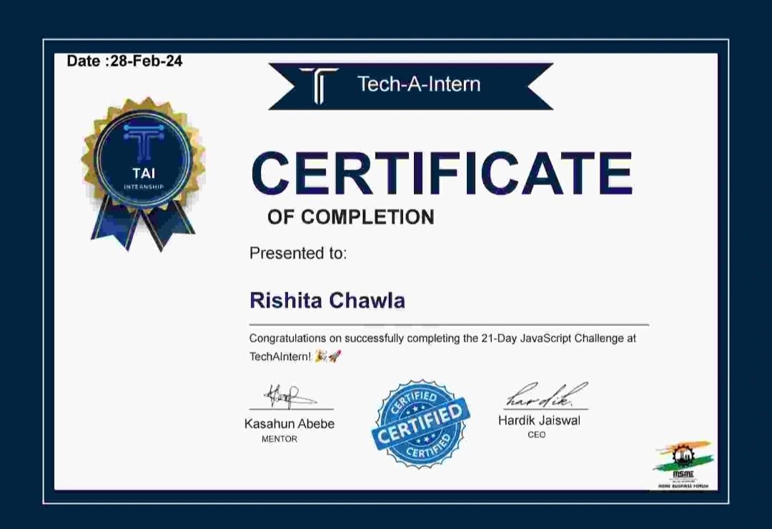Rishita chawla on LinkedIn: #tai21dayjavascriptchallenge #javascript # ... Rishita chawla on LinkedIn: #tai21dayjavascriptchallenge #javascript # ...