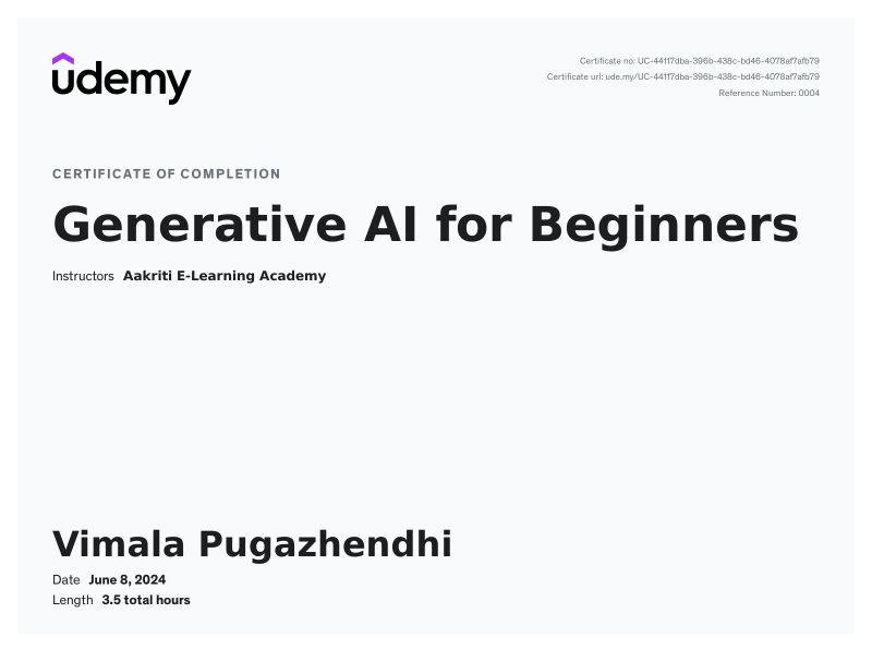 Vimala Pugazhendhi on LinkedIn: completed Gen AI course!! Vimala Pugazhendhi on LinkedIn: completed Gen AI course!!