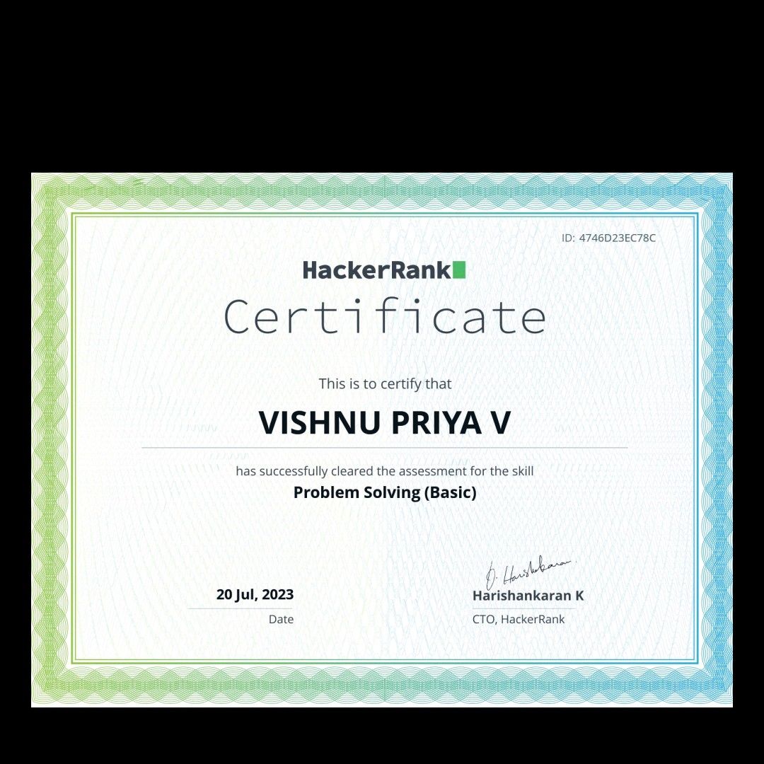 Vishnu priya V on LinkedIn: #hackerrank #hackerrank #problemsolving # ... Vishnu priya V on LinkedIn: #hackerrank #hackerrank #problemsolving # ...
