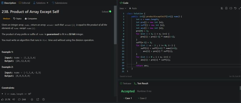 Successfully solved Array Except Self problem | Aditya Ambhore posted ... Successfully solved Array Except Self problem | Aditya Ambhore posted ...