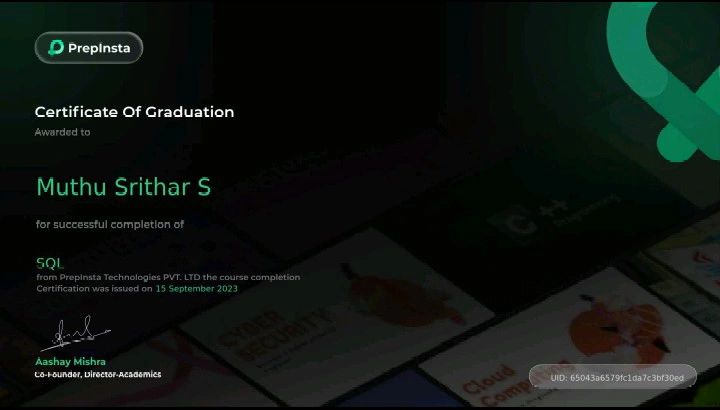 Completed SQL course with prepinsta | Muthu Srithar S posted on the ... Completed SQL course with prepinsta | Muthu Srithar S posted on the ...