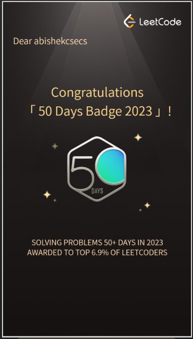 🎉 Completed a 50-day coding challenge on LeetCode! 🚀💻 Ready for new ... 🎉 Completed a 50-day coding challenge on LeetCode! 🚀💻 Ready for new ...