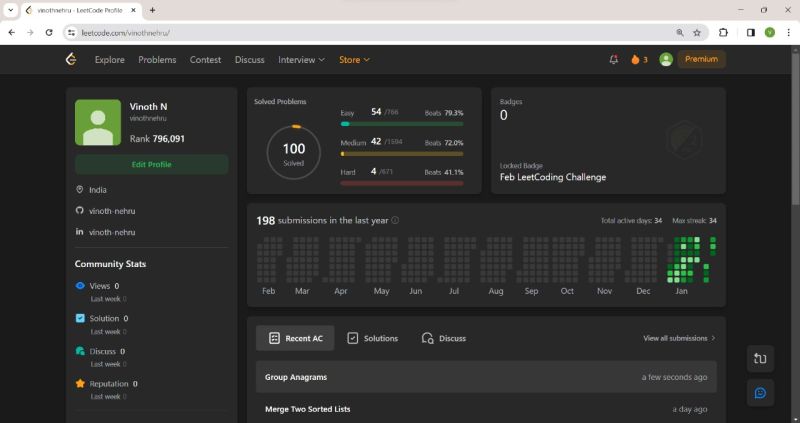 Passed 100-problem on LeetCode! | Vinoth N posted on the topic | LinkedIn Passed 100-problem on LeetCode! | Vinoth N posted on the topic | LinkedIn