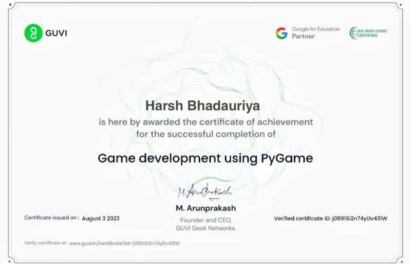 Harsh Bhadauriya on LinkedIn: #gamedevelopment #pygames #certification Harsh Bhadauriya on LinkedIn: #gamedevelopment #pygames #certification