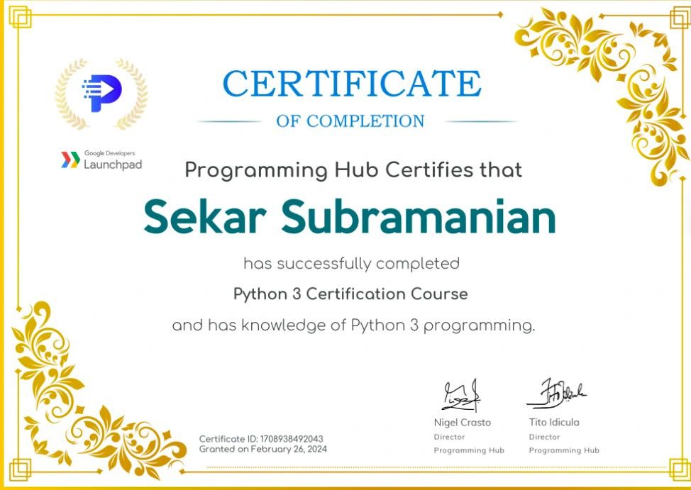 Sekar Subramanian on LinkedIn: Python3 Certification by Programming hub Sekar Subramanian on LinkedIn: Python3 Certification by Programming hub