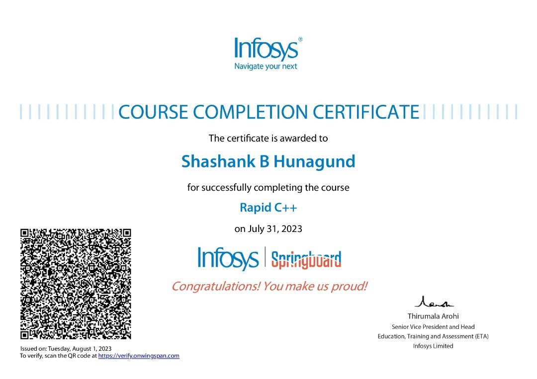 Shashank B Hunagund on LinkedIn: Certified in the art of C++ ... Shashank B Hunagund on LinkedIn: Certified in the art of C++ ...