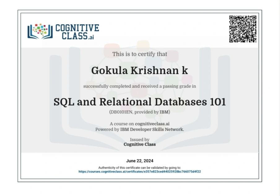 Gokul Krishnan on LinkedIn: I completed my SQL and Relational Database ... Gokul Krishnan on LinkedIn: I completed my SQL and Relational Database ...