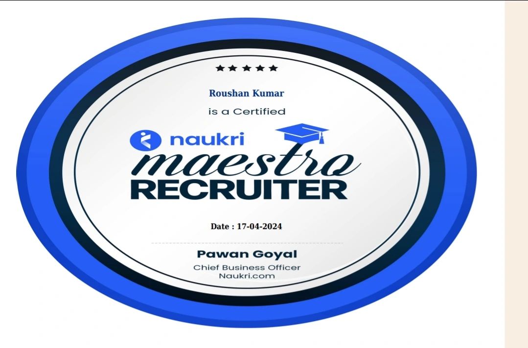 Roushan Kumar on LinkedIn: #certification #naukari #resdex #mastrorecruiter Roushan Kumar on LinkedIn: #certification #naukari #resdex #mastrorecruiter
