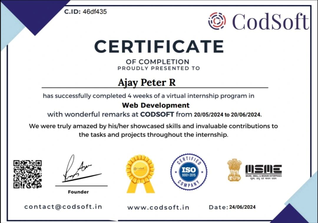 Ajay Peter on LinkedIn: #codsoft #codsoft #webdevelopment #html #css #js Ajay Peter on LinkedIn: #codsoft #codsoft #webdevelopment #html #css #js