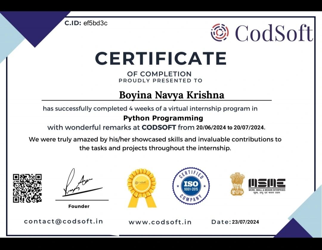 BOYINA NAVYA KRISHNA on LinkedIn: #codsoft #cip #internship #python BOYINA NAVYA KRISHNA on LinkedIn: #codsoft #cip #internship #python