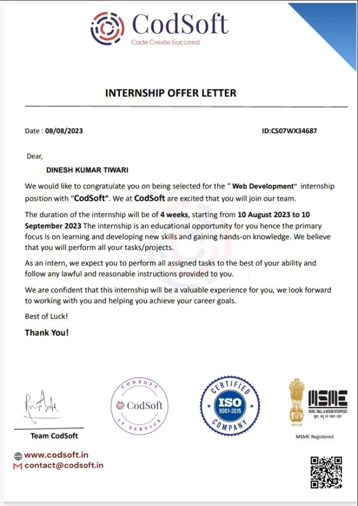 Dinesh Kumar Tiwari on LinkedIn: #webdevelopment #codesoft #internship ... Dinesh Kumar Tiwari on LinkedIn: #webdevelopment #codesoft #internship ...