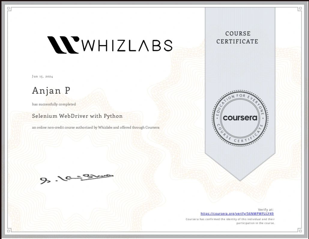 Completed Selenium WebDriver with Python | ANJAN P posted on the topic ... Completed Selenium WebDriver with Python | ANJAN P posted on the topic ...