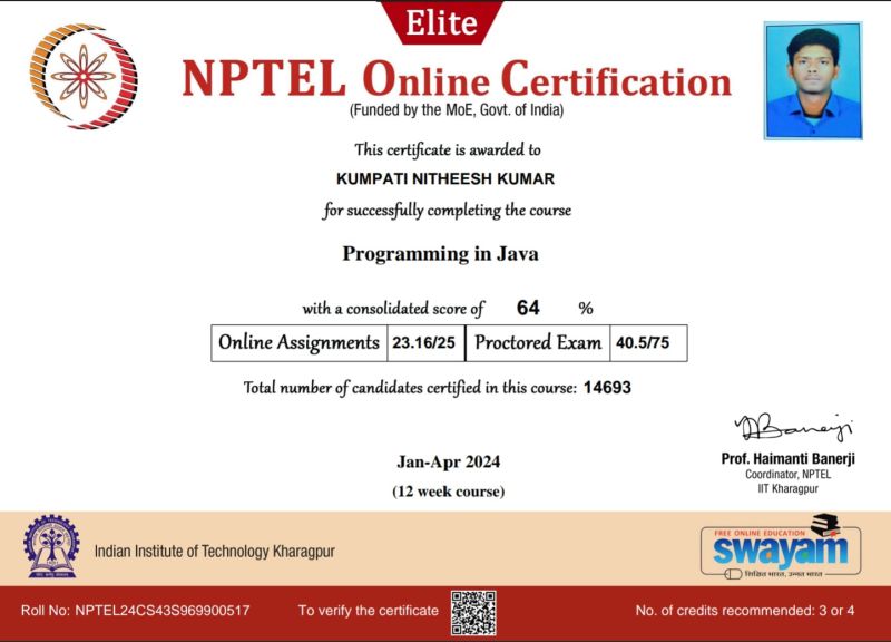 Kumpati Nitheesh Kumar on LinkedIn: #javaprogramming #certification # ... Kumpati Nitheesh Kumar on LinkedIn: #javaprogramming #certification # ...