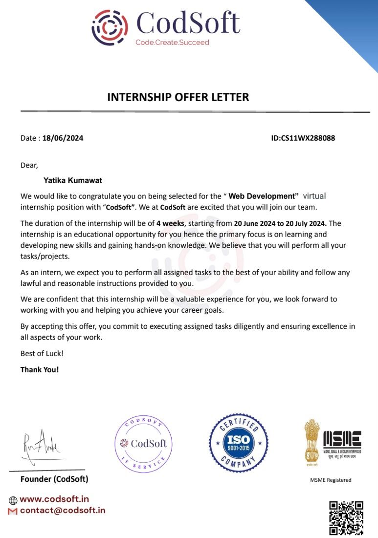 Yatika Kumawat on LinkedIn: #careergrowth #internship #codsoft # ... Yatika Kumawat on LinkedIn: #careergrowth #internship #codsoft # ...