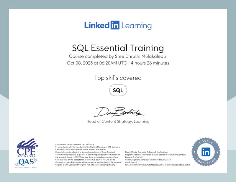 Sree Dhruthi Mulakaledu on LinkedIn: Certificate of Completion Sree Dhruthi Mulakaledu on LinkedIn: Certificate of Completion