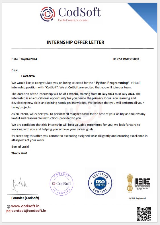 Lavanya Baskaran on LinkedIn: #internship #careergrowth #codsoft # ... Lavanya Baskaran on LinkedIn: #internship #careergrowth #codsoft # ...