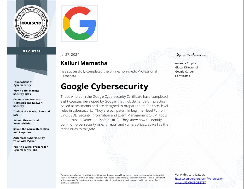 Mamatha Kalluri on LinkedIn: #cybersecurity #googlecareercertificates # ... Mamatha Kalluri on LinkedIn: #cybersecurity #googlecareercertificates # ...