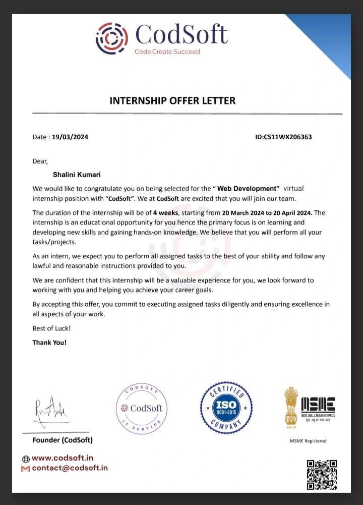 Shalini Kumari on LinkedIn: #codsoft #codsoft #internship #codsoft # ... Shalini Kumari on LinkedIn: #codsoft #codsoft #internship #codsoft # ...