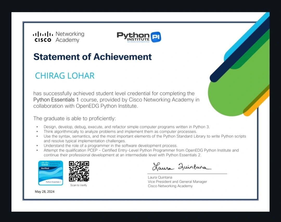 Chirag Lohar on LinkedIn: #python #cisco #certificate Chirag Lohar on LinkedIn: #python #cisco #certificate