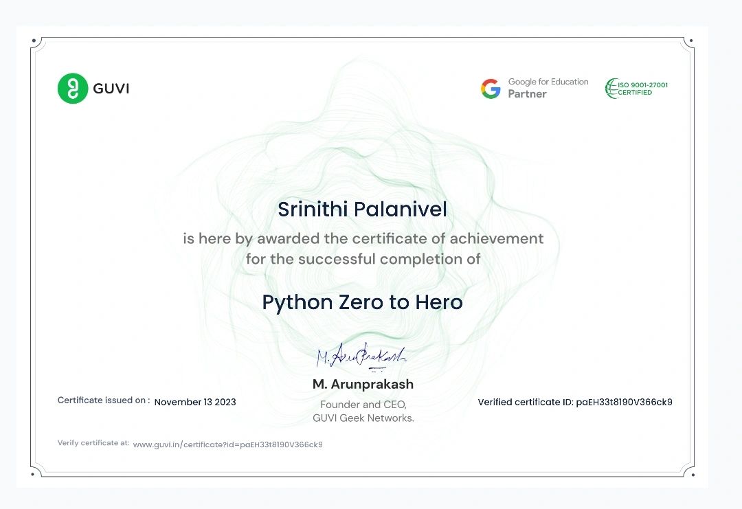 Srinithi Palanivel on LinkedIn: #python #certification #guvi Srinithi Palanivel on LinkedIn: #python #certification #guvi