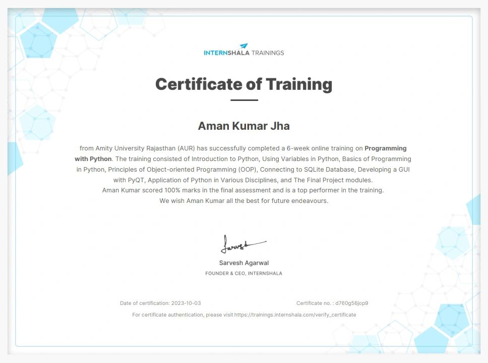 Aman Kumar Jha on LinkedIn: #python #programmingcertificate # ... Aman Kumar Jha on LinkedIn: #python #programmingcertificate # ...