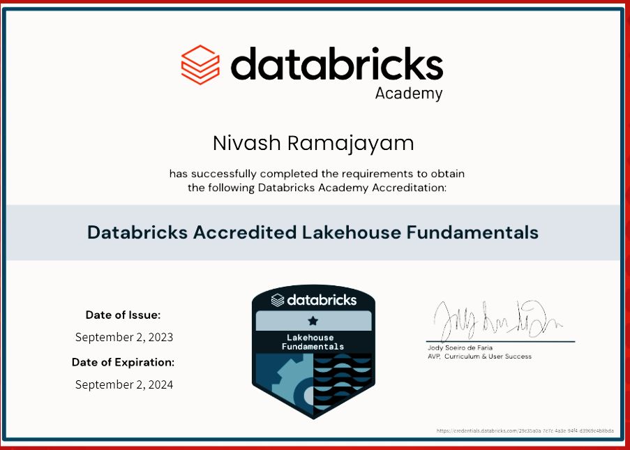 Nivash Ramajayam on LinkedIn: Databricks Lakehouse Fundamentals Nivash Ramajayam on LinkedIn: Databricks Lakehouse Fundamentals
